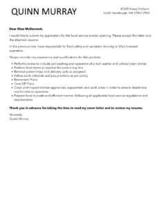 Printable Food Service Worker Cover Letter Template