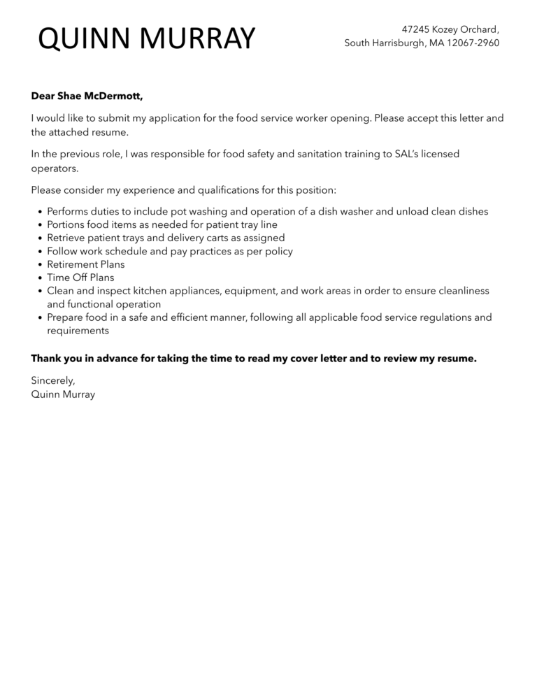 Printable Food Service Worker Cover Letter Template