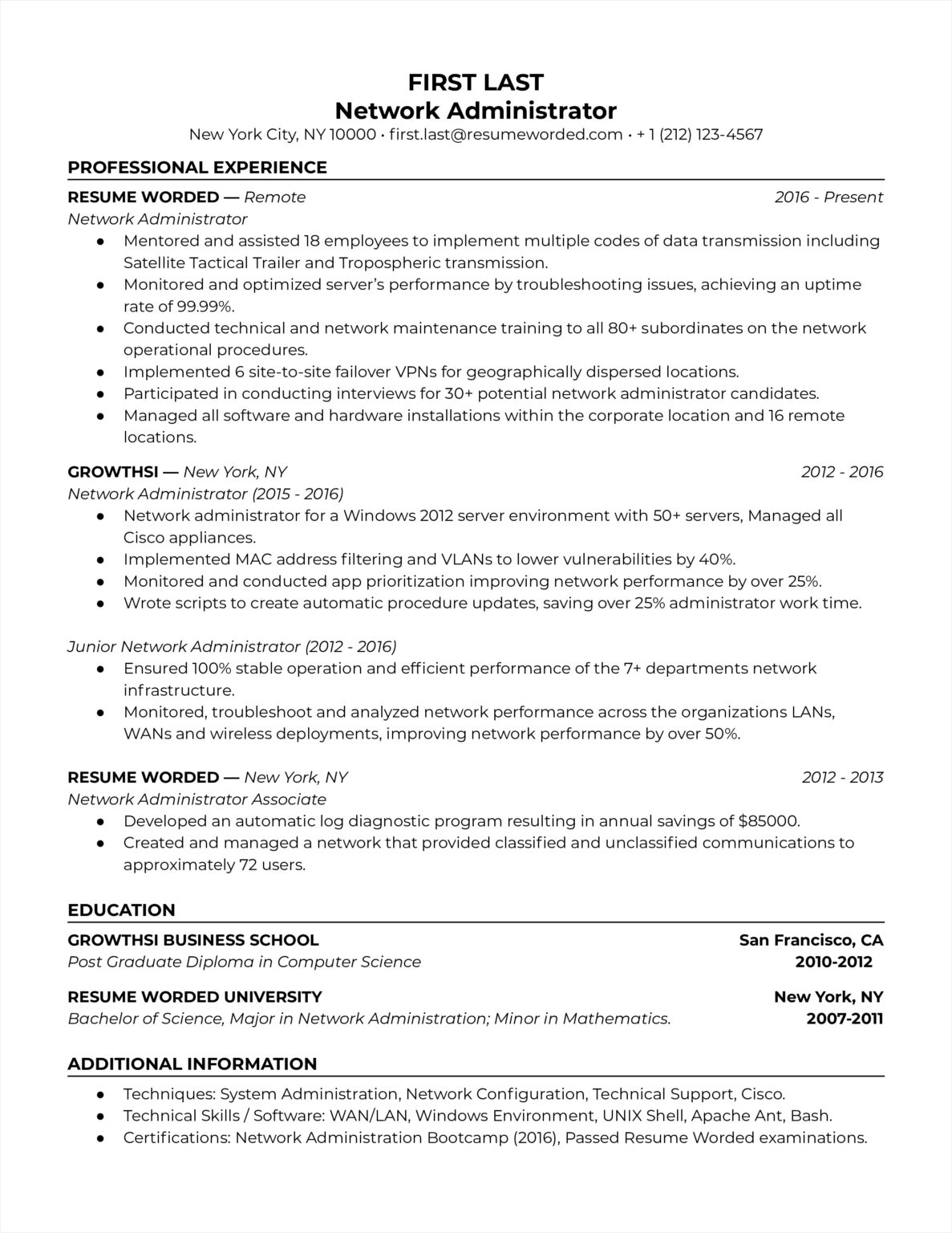 Free Printable Network Administrator Resume Template