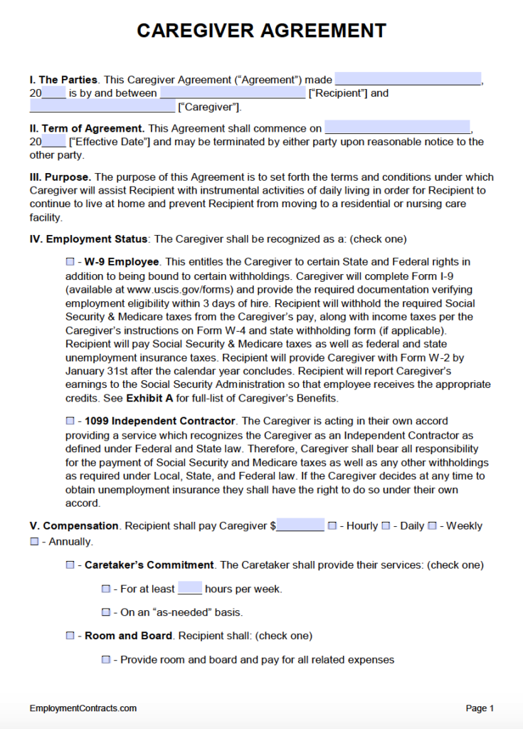 Printable Caregiver Agreement Template