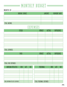 Single-Person Monthly Budget Template