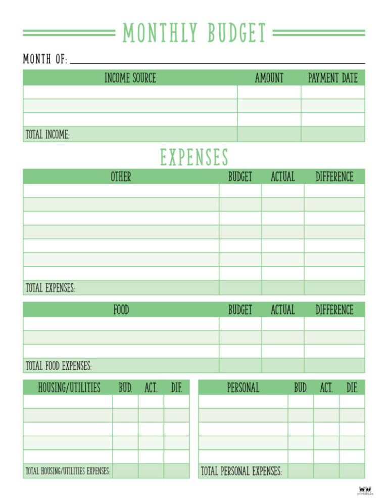 Single-Person Monthly Budget Template