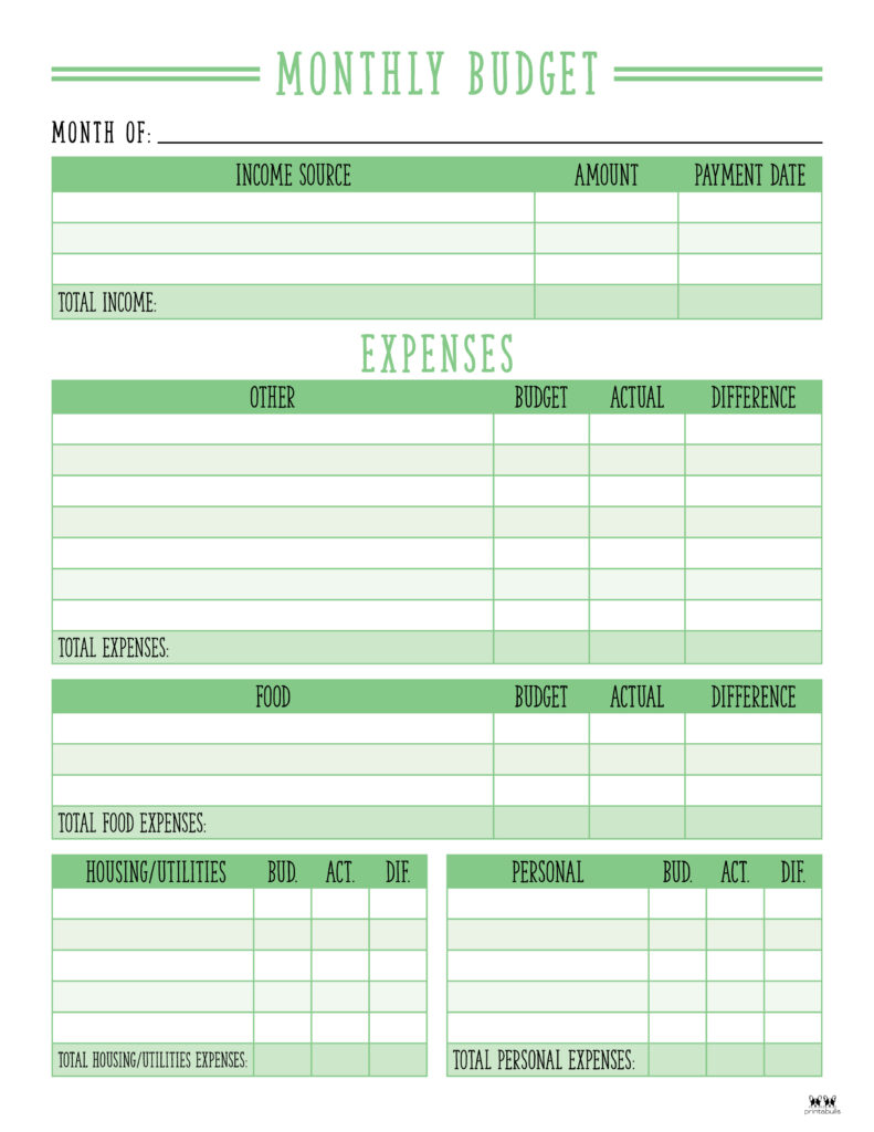 Single Person Monthly Budget Template