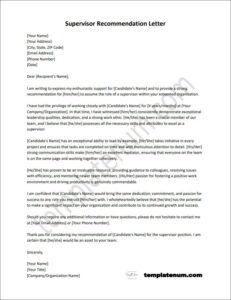 Supervisor Recommendation Letter Template (With Sample)