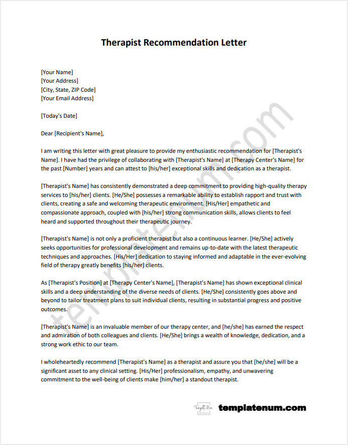 Therapist Recommendation Letter Template (With Sample) Therapist Recommendation Letter Template (With Sample)