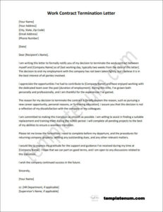 Work Contract Termination Letter Template