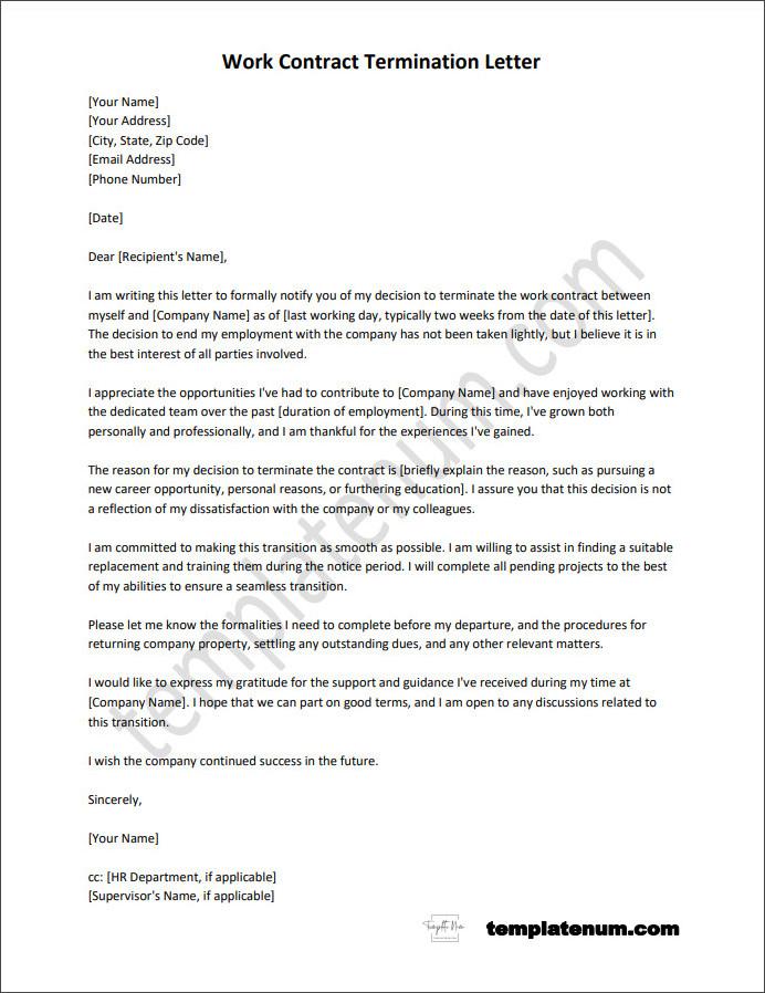 Work Contract Termination Letter Template Work Contract Termination Letter Template